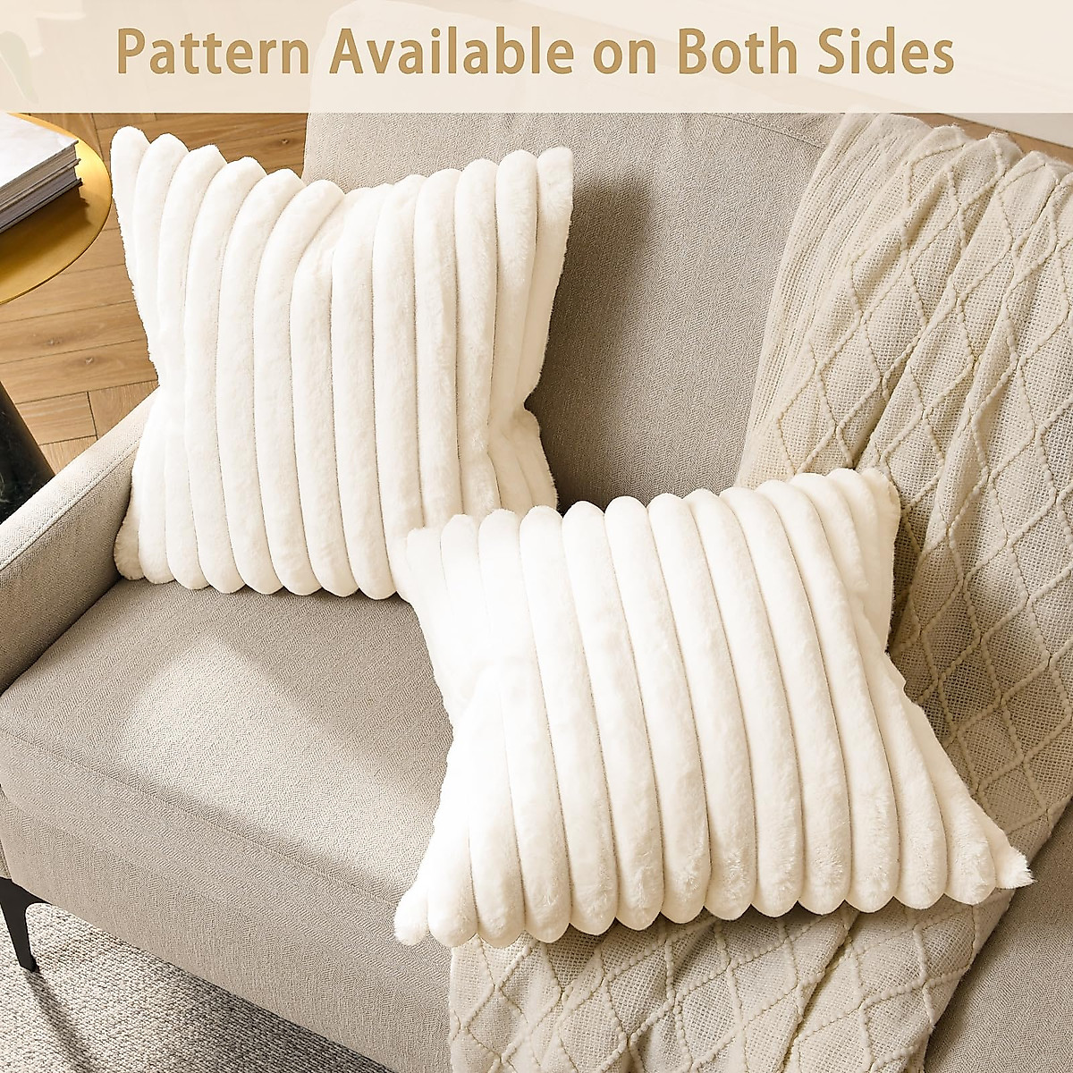 Volcanics Pack of 1 Double-Sided Faux Fur Plush Decorative Throw Pillow Covers 20x20 Inches Soft Fluffy Striped Couch Pillow Cases, Cream White