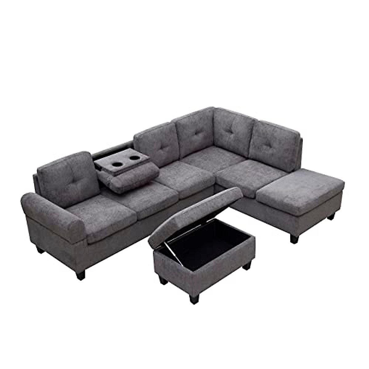 UBGO Furniture Sets,Living Room Sectional Sofa,L Shaped Storage Ottoman, Upholstered Sofá with 2 Cup Holder,Couch Longue for Indoor Home Apartment Office, Grey Left Chaise