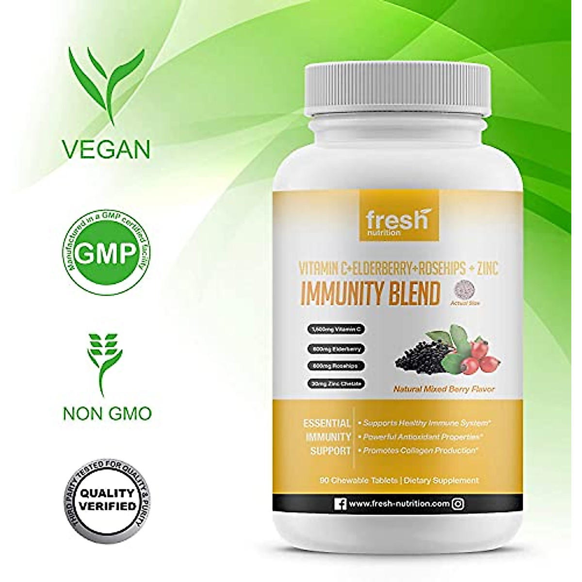 Vitamin C + Elderberry Chewables - Immunity Blend - VIT C 1500mg, Elderberry 600mg, Rose Hips 600mg and Zinc 30mg - Vegan, Non GMO - 90 Chewable Tablets
