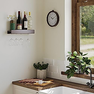 Rustic State Smith Wall Mounted Wine Rack with Cork Opener -Wine Glass Bottle Holder Wood Floating Hanging Wine Shelf Storage Organizer - Home Kitchen Dining Room Bar Décor - Walnut