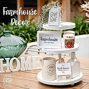 SensaCasa Farmhouse Tiered Tray – 3 Tier Tray – Rustic White Three Tier Tray - Wooden Farmhouse Kitchen Decor – 3 Tier Serving Trays – Wood Round Tiered Stand