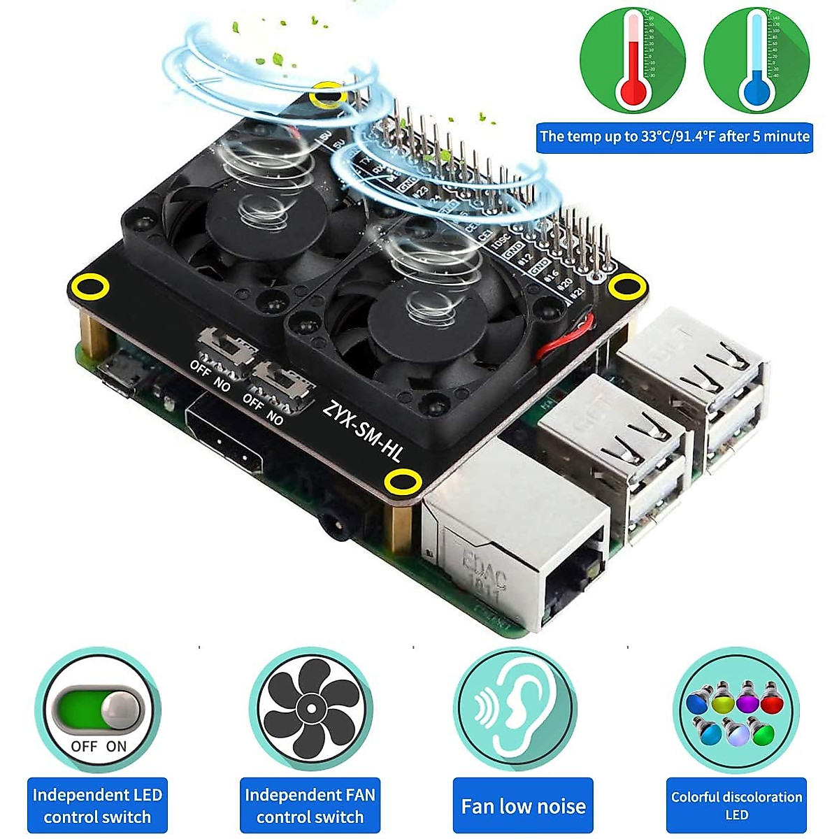 Raspberry Pi 4B Dual Cooling Fans and Automatic Discoloration LED, Raspberry Pi GPIO Expansion Board for Raspberry Pi 4B / 3B+ / 3B / 3A+