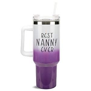 Elanze Designs Best Nanny Ever Childcare Au Pair 40 oz. Stainless Steel, Large Water Bottle Coffee Mug, Spill & Leak Resistant, Thermal Travel Tumbler with Handle, Lid & Straw, White/Purple