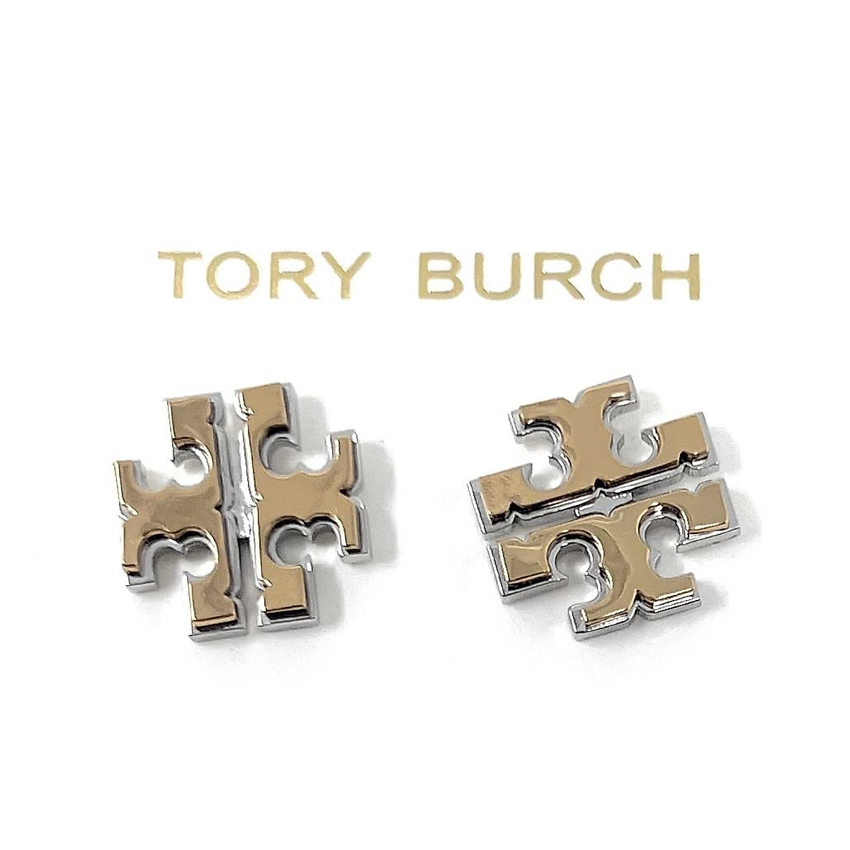 Tory Burch Extra Large Logo Stud Earring Two Toned Gold Silver 5/8'' WIde, Multi