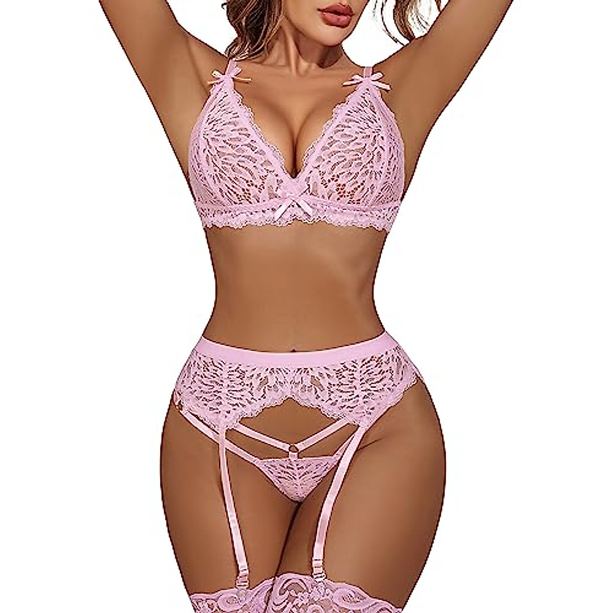 Avidlove Plus Size Lingerie Set for Women Sexy Lace Bralette Bra and Panty with Garter Belt Light Pink
