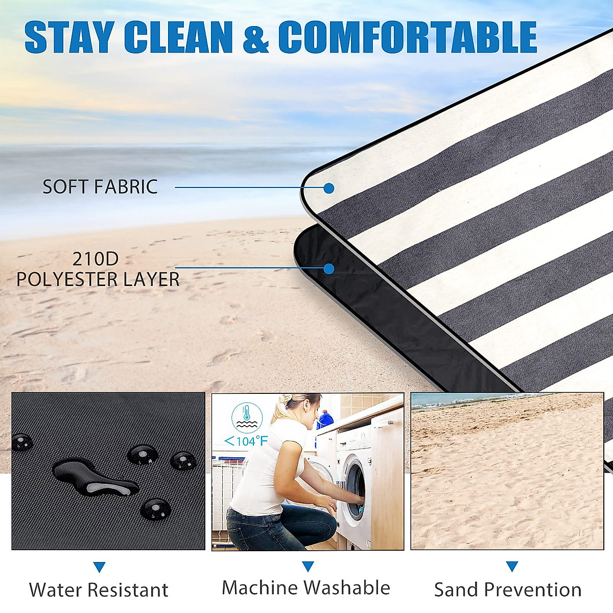 G GOOD GAIN Waterproof Picnic Blanket Portable with Carry Strap for Beach Mat or Family Outdoor Camping Party, Park Blanket for Grass Park, Hiking, Travel, Concerts (Denim Blue)