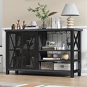 OIOG Wine Cabinet with Removable Wine Rack and Glass Holder, Wine Bar Cabinet for Liquor, Home Bar Coffee Cabinet Sideboards with Metal Mesh Doors for Living Room(Gray)