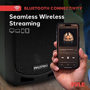 Pyle Bluetooth Karaoke PA Speaker - Indoor / Outdoor Portable Sound System with Wireless Mic, Audio Recording, Rechargeable Battery, USB / SD Reader, Stand Mount - for Party, Control - PSBT65A Black