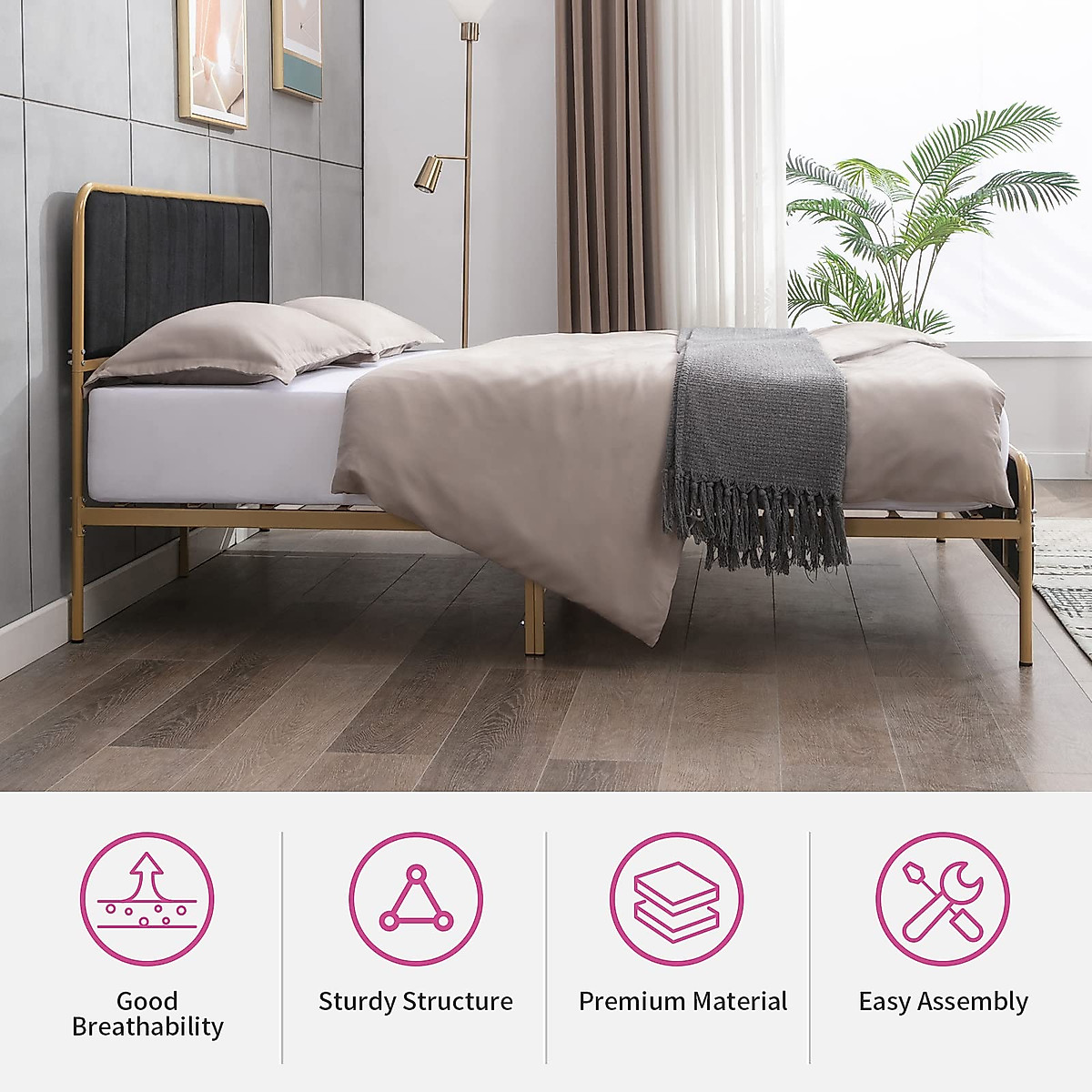 Mixoy Cal King Metal Bed Frame, Velvet Platform Bed Frame with Headboard, Heavy Duty Metal Mattress Foundation, Strong Metal Slat Support, No Box Spring Needed, Easy Assembly (Cal King,Golden/Black)