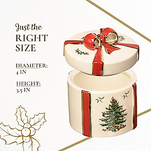 Spode Christmas Tree Gift Box Figurine, 4" Christmas Centerpiece with Red Ribbon & Gold Trim - Fine Earthenware for Holiday Home Decor, Festive Table Collectible & Winter (Small)