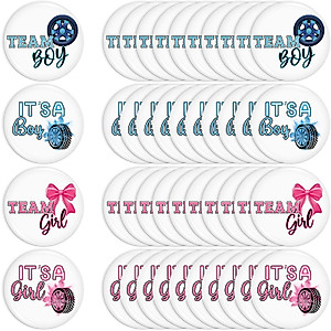 48 Pieces Burnouts or Bows Gender Reveal Buttons Pins Team Boy Team Girl Button Pins Burnouts Gender Reveal Decorations in Pink and Blue for Baby Shower Gender Reveal Party Game Supplies 1.73 Inch
