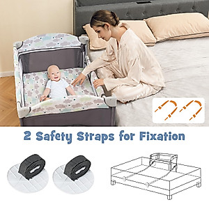 BABY JOY 5-in-1 Pack and Play, Portable Baby Bedside Sleeper with Bassinet, U-Shaped Diaper Changer, Safety Strap, Side Zipper Entrance, Hangings, Bedside Crib Playard from Newborn to Toddlers (Gray)