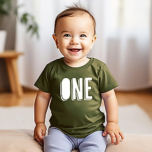 First Birthday Shirt One Outline for 1st Bday Infant Boys and Girls White on Military Green 12 Months