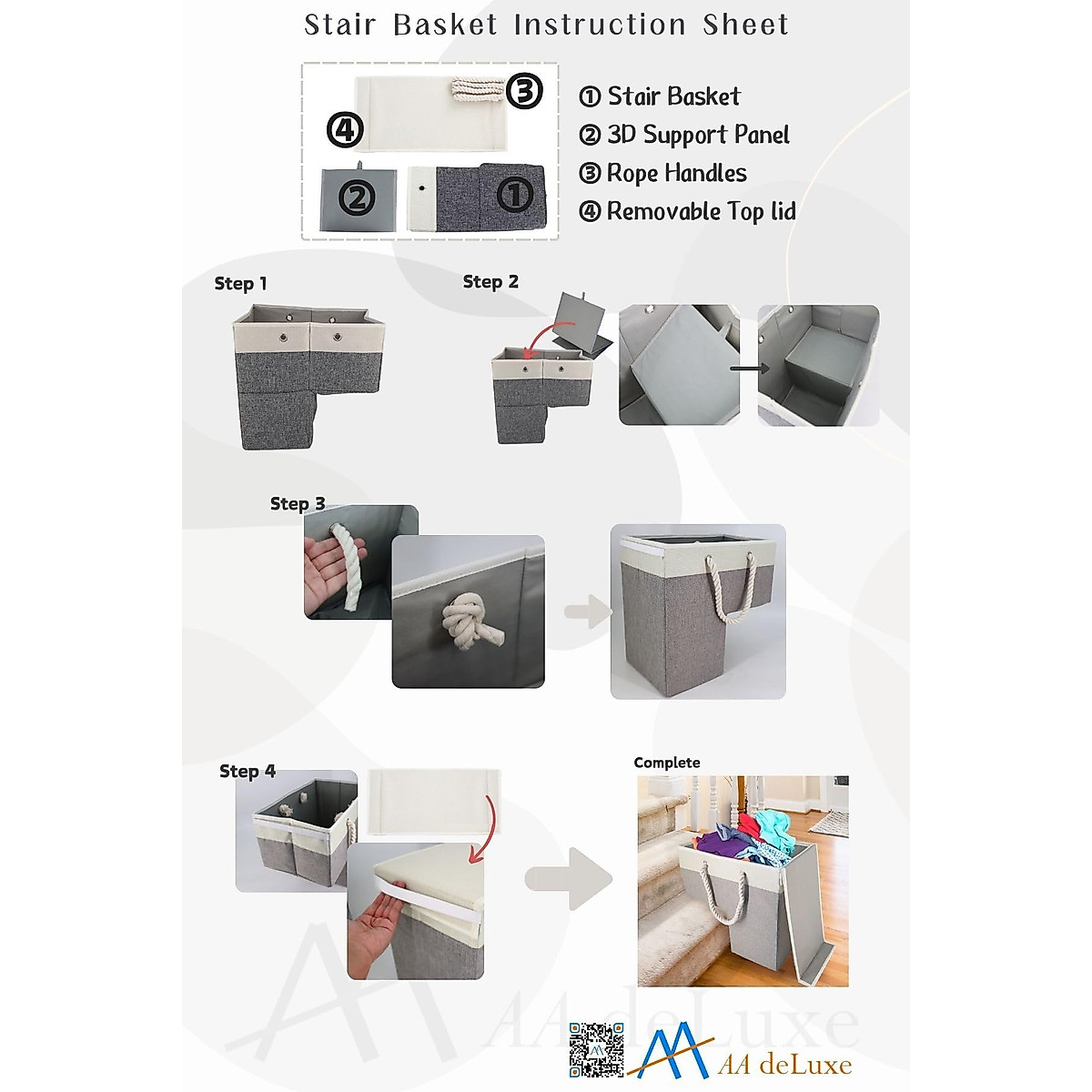 AA deLuxe Stair Basket Foldable Storage Organizer with Toplid for Carpeted Stairs & Wooden Staircases. Versatile Sturdy Bag for Climbing, Laundry, Shoe & Decor