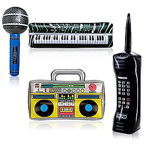 4PCS Inflatable Funny Radio Boom Box Mobile Phone Props Microphone Electronic Organ PVC Inflatable Toys For for 80s 90s Party Decorations Hip Hop Theme Birthdays Party Supplies Party Decorations