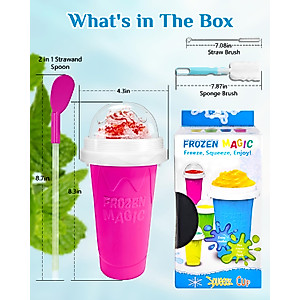 Slushy Maker Cup, DIY Magic Slushy Maker Squeeze Cup, Portable Smoothie Squeeze Cup for Juices, Milk and Ice Cream Make, Double Layers Silica Cup with Lid & Straw for Kids, Friends, Family (Pink)1