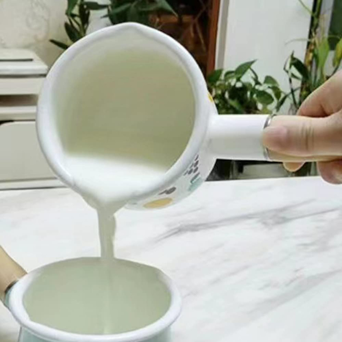 FYUEROPA Enamel Milk Pot, Butter Warmer Non-stick Mini Saucepan, 4 Inch 17 Oz Small Cookware with Wooden Handle