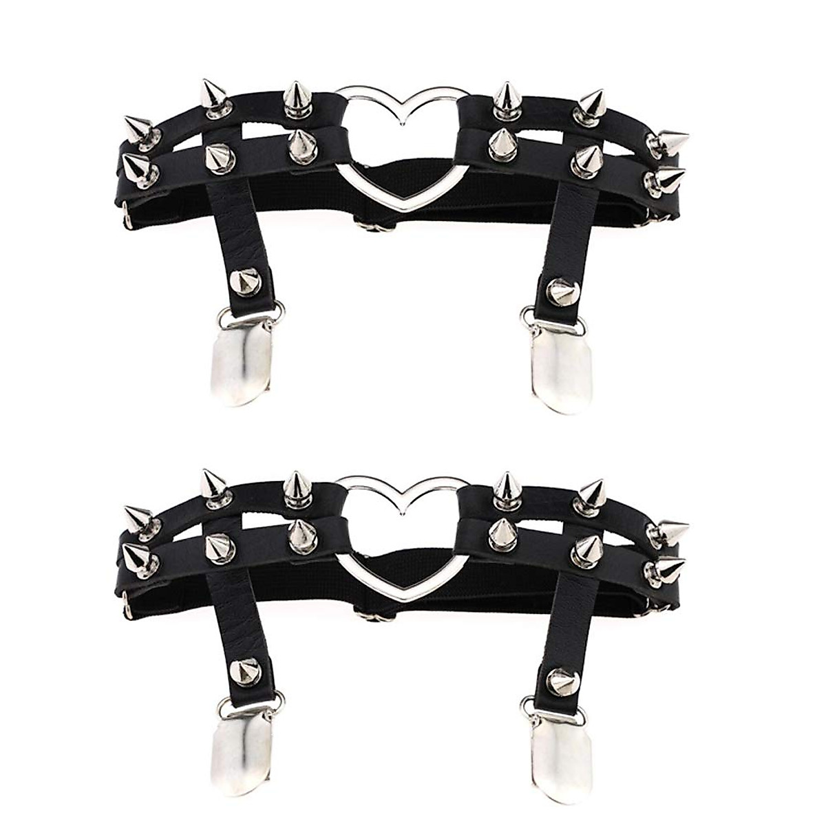 Jurxy 2PCS Gothic Studded Heart Garters Leg Ring Leg Elastic Punk Harness Garter Belt Adjustable Suspender with 2 Metal Clips – Black