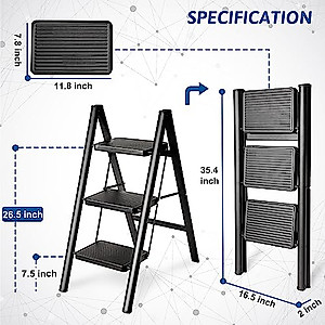 Double Elite Step Ladder 3 Step Folding, Sturdy 330 Lbs Small Step Stool for Adults, Safer Full Steel Multi-use Kitchen Ladder for Home, Closet Step Stool Ladder with Anti-Slip Wide Pedals, Black