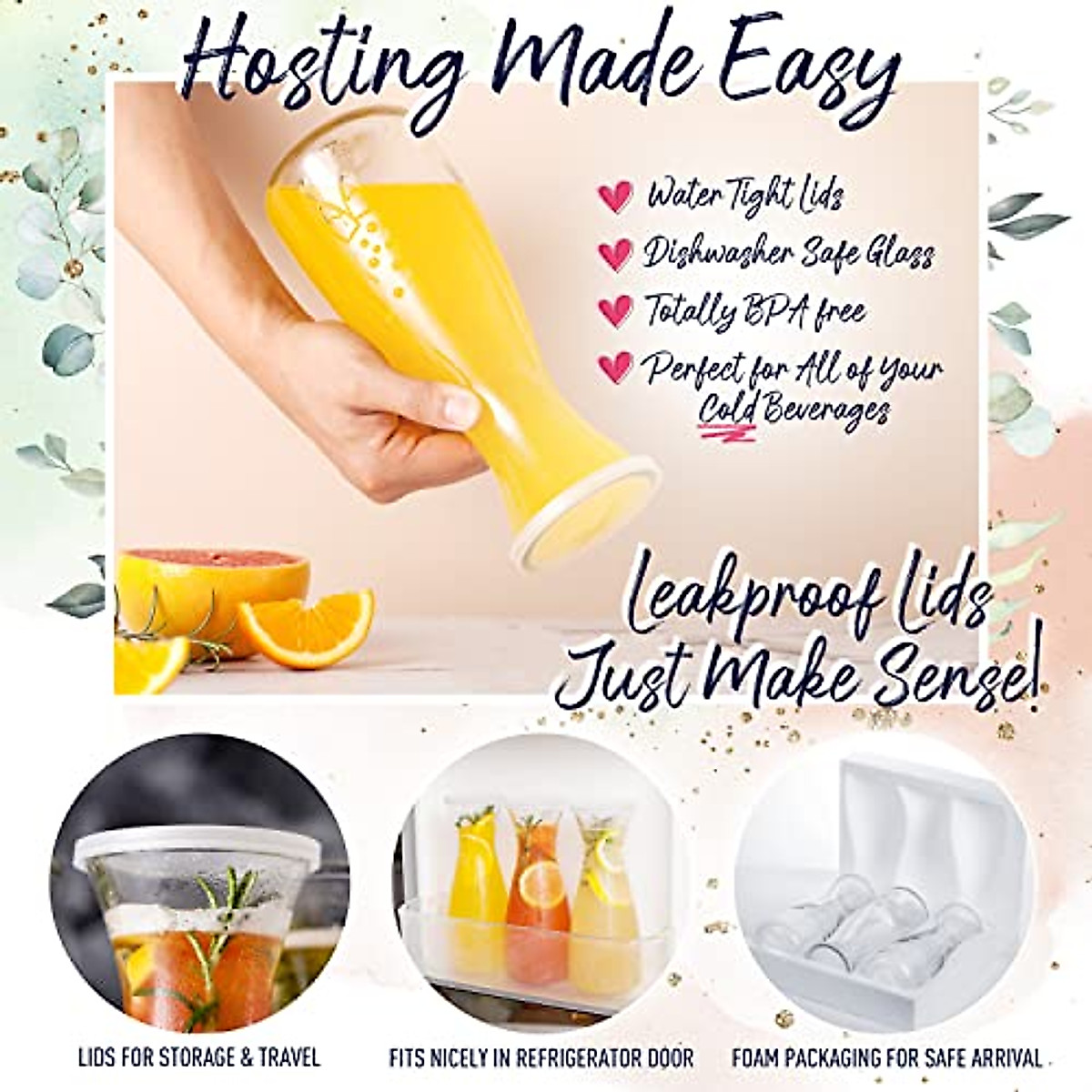 PRESTIGE Mimosa Bar Kit - Glass Carafe with Lids 27oz & Brunch Decor, Mimosa Pitcher w/Plastic Carafe Lid, Bubbly Juice Carafes for Mimosa Bar Supplies, Baby Bridal Shower (Mimosa Set (3 Carafes))