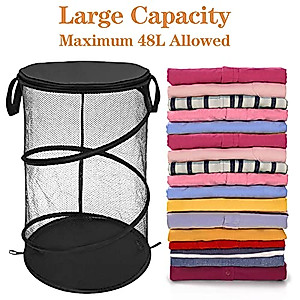Collapsible Round Popup Laundry Hamper with Lid 2PCS Set, White & Black Foldable Mesh Laundry Basket with Reinforced Carry Handles Solid Bottom, Large Double Clothes Hamper for College Dorm Travel