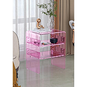 Clear Acrylic 3-Tier End Table/Nightstand – Sleek Bedside Storage with Durable Design, Perfect for Bedrooms, Living Rooms, or Modern Interiors – Ideal as a Bedside Table or Sofa Side Piece (Pink)
