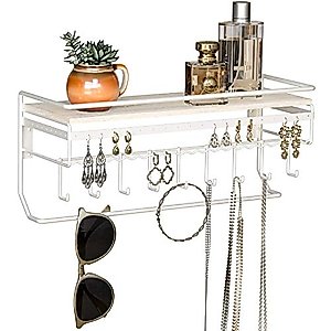 JackCubeDesign Hanging Jewelry Organizer with 9 Hooks, Wall Mount Necklace Earring Bracelet Sunglass Holder with Wood Shelf (White Metal) - MK237D