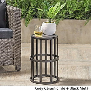 Christopher Knight Home Truda Outdoor 11 Inch Grey Finish Ceramic Tile Side Table, Black Metal