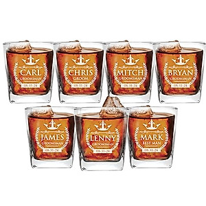 Set of 1, 3, 7 and More Custom Personalized Whiskey Rocks Glasses for Bachelor Party - Engraved Square Rocks Glass Gifts for Groom, Groomsman - Royal Style (7)