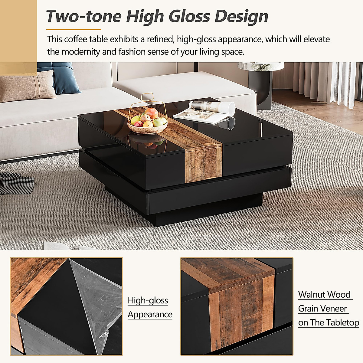 Bellemave Square Coffee Table High Gloss Center Table with Sliding Tabletop, Multi-Storage Sofa Table Extendable Cocktail Table with Hidden Storage Compartment for Living Room (Black)