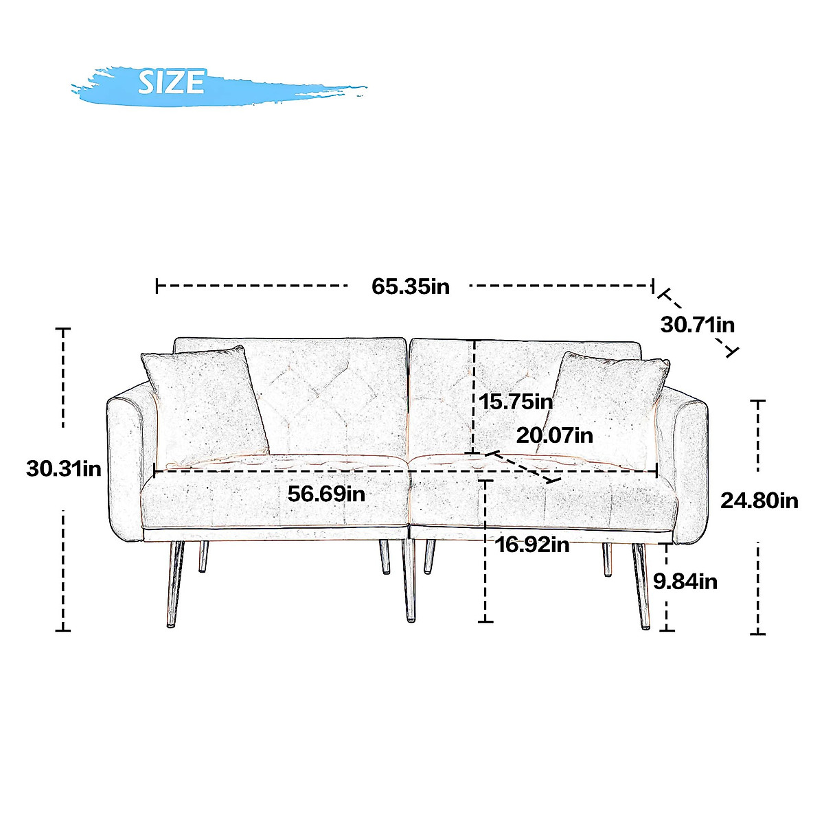 RIDFY 65”Velvet Loveseat Sofa Converts to Bed,Mid Century Modern Sofa Bed w/Armrest,2-Seater Upholstered Tufted Love Seat Couch with Metal Legs for Small Space,Living Room,Bedroom,Blue