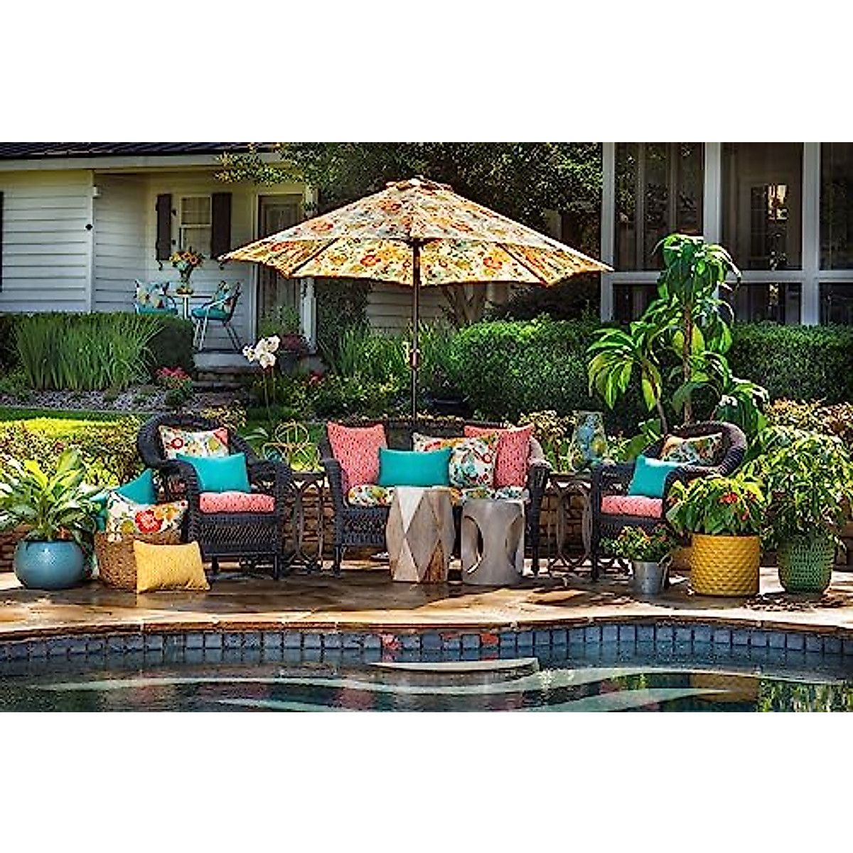 Pillow Perfect Bright Floral Outdoor Wicker Patio Sofa Setee Swing Cushion, Tufted, Weather, and Fade Resistant, Round Corner - 19" x 44", Ivory Alastriste, 1 Count