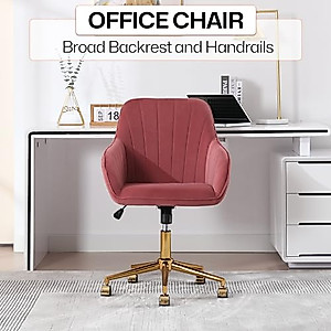 KCC Velvet Home Office Desk Chair with Gold Base, Modern Height Adjustable 360° Swivel Upholstered Vanity Chairs with Arms for Living Room Bedroom, Rose
