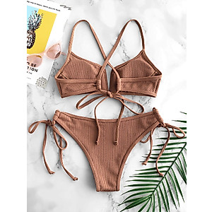 ZAFUL Women's High Cut Bikini Sets Ribbed V-Wire Cami Bikini Two Piece Swimsuit (3-Light Brown, M)
