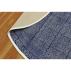 Casavani Indian Handmade Rug Geometric Blue & Beige Cotton Dhurrie Round Area Rug Best Uses For Garden Yoga Mat,Living Room,Kids Room,Bedroom, Bathroom,kitchen 3x3 4x4 3x3 Feet Round
