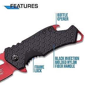 MTech USA – Spring Assisted Folding Knife – Red Fine Edge Stainless Steel Blade with Black Nylon Fiber Handle, Bottle Opener, Pocket Clip, Tactical, EDC, Self Defense- MT-A882RD