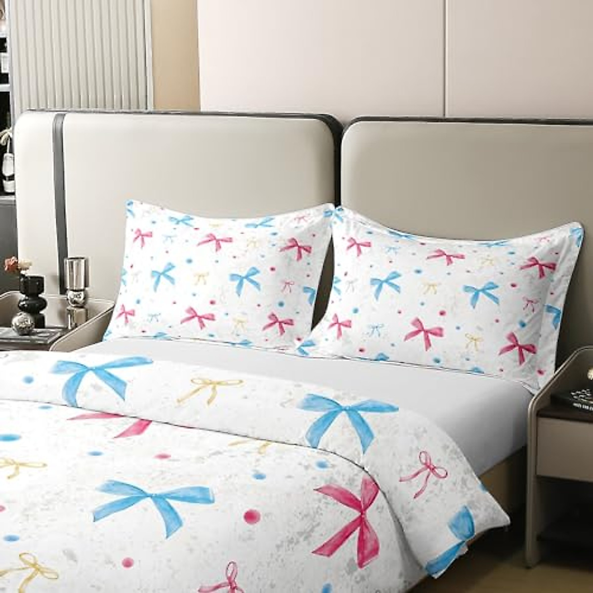 jejeloiu Girls Bowknot Duvet Cover Set 100% Cotton Twin Size Kids Dreamy Princess Style Bedding Set Teens Girly Colorful Kawaii Comforter Cover Super Soft Blue Pink Cotton Duvet Cover 2Pcs