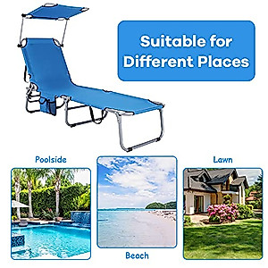 GYMAX Beach Chair with Canopy Shade, Folding Tanning Lounge with Adjustable Backrest, Carry Handle & Side Pocket, Sunbathing Chair for Outside, Patio, Poolside, Lawn (1, Navy)