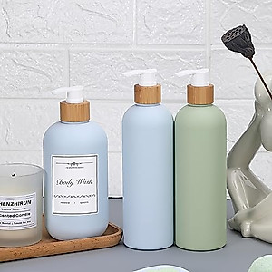 UMETASS 16.9 oz Plastic Bamboo Pump Dispenser Bottles, Shampoo and Conditioner Bottles, Refillable Container for Bathroom Shower Body Wash Lotion (16.9 oz, Green)