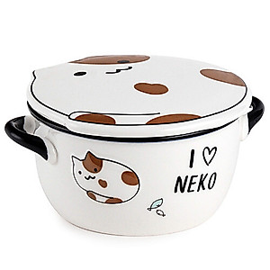 Ceramic Bowl with Lid, I Love Neko Lucky Cat Design Microwavable Dish, 5 3/4 Inches