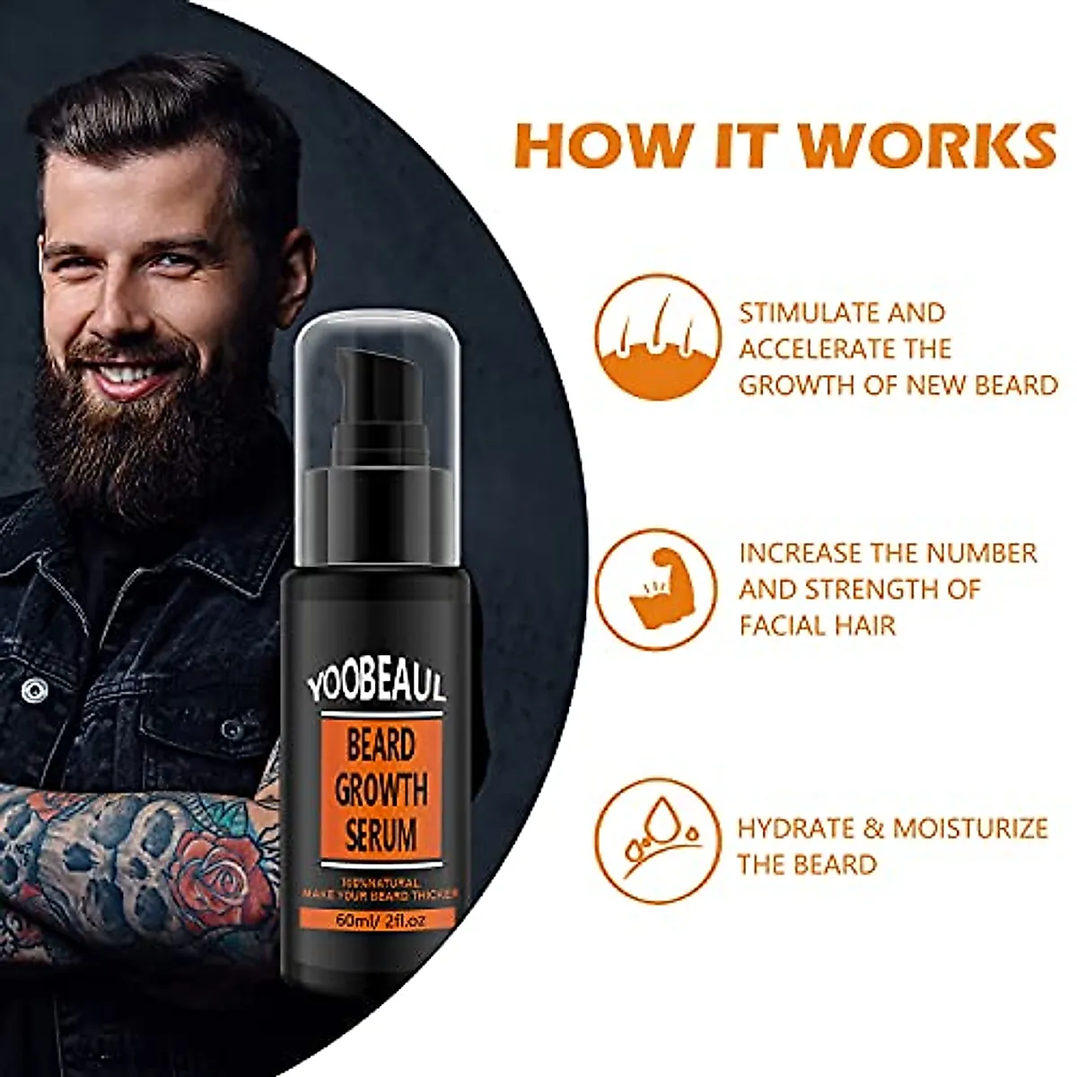 Beard Growth Oil, Beard Growth Serum, 60ML Naturally Powerful, Full, Thick, Masculine Facial Hair Treatment for Men, Beard Oil for Men Growth, Grow A Thicker Beard Fast, Beard Oil for Beard Growth