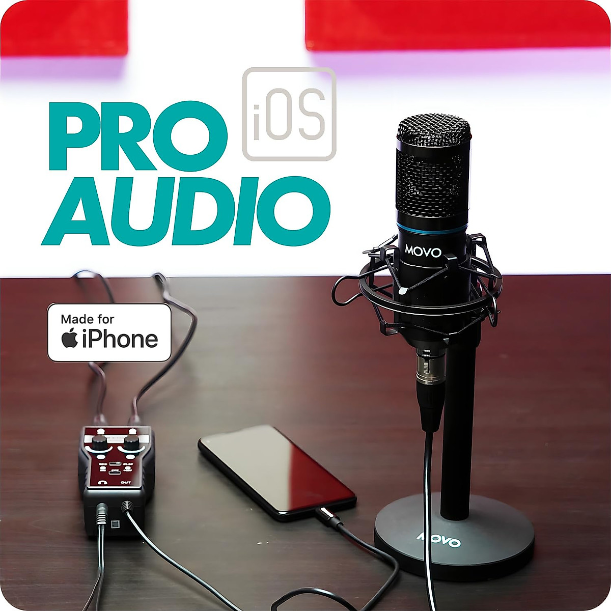 Movo iPhone Podcast Equipment Bundle - 2 Pack Condenser Microphones, 2 Desktop Mic Stands, 2 Pop Filters, 2-Channel XLR Interface with Lightning Output - Compatible with iPhone, iPad, iOS (Lightning)