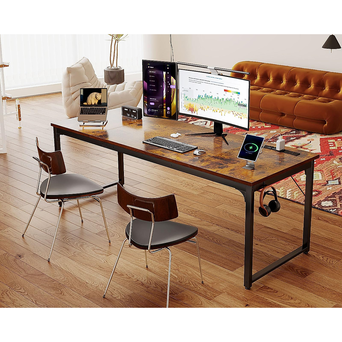 Coleshome 71 Inch Computer Desk with USB Ports, Large Office Desk, Long Study Student Writing Desk, Rustic Brown