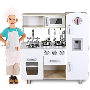 Clevich Wooden Play Kitchen for Kids, Toddlers Vintage Kitchen Toy Set w/Pretend Phone, Ice Maker, Modern Realistic Playset Chef w/Cookware Accessories, Microwave, Sink, Oven, White
