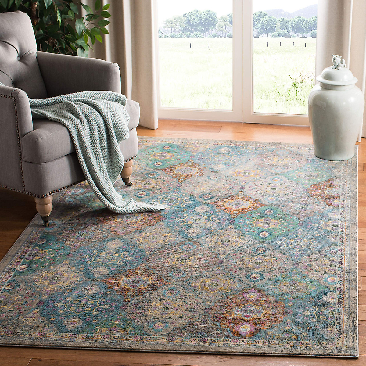 SAFAVIEH Luxor Collection Area Rug - 8' x 10', Ivory & Turquoise, Handmade Boho Chic, Ideal for High Traffic Areas in Living Room, Bedroom (LUX329A)