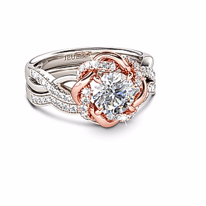 Jeulia Halo Solitaire Engagement Rings for Women Sterling Silver Floral Flower Rings Rose Gold Plated Diamond Ring Round Cut Bridal Ring Set Anniversary Promise Rings for Her