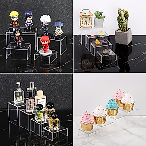 8 Pcs Acrylic Risers for Display, Square Clear Product Stand Shelf, Cupcake Candy Bar Stand for Dessert Table Decor, Desktop Showcase Collectibles Display Risers for Amiibo Funko POP Figures