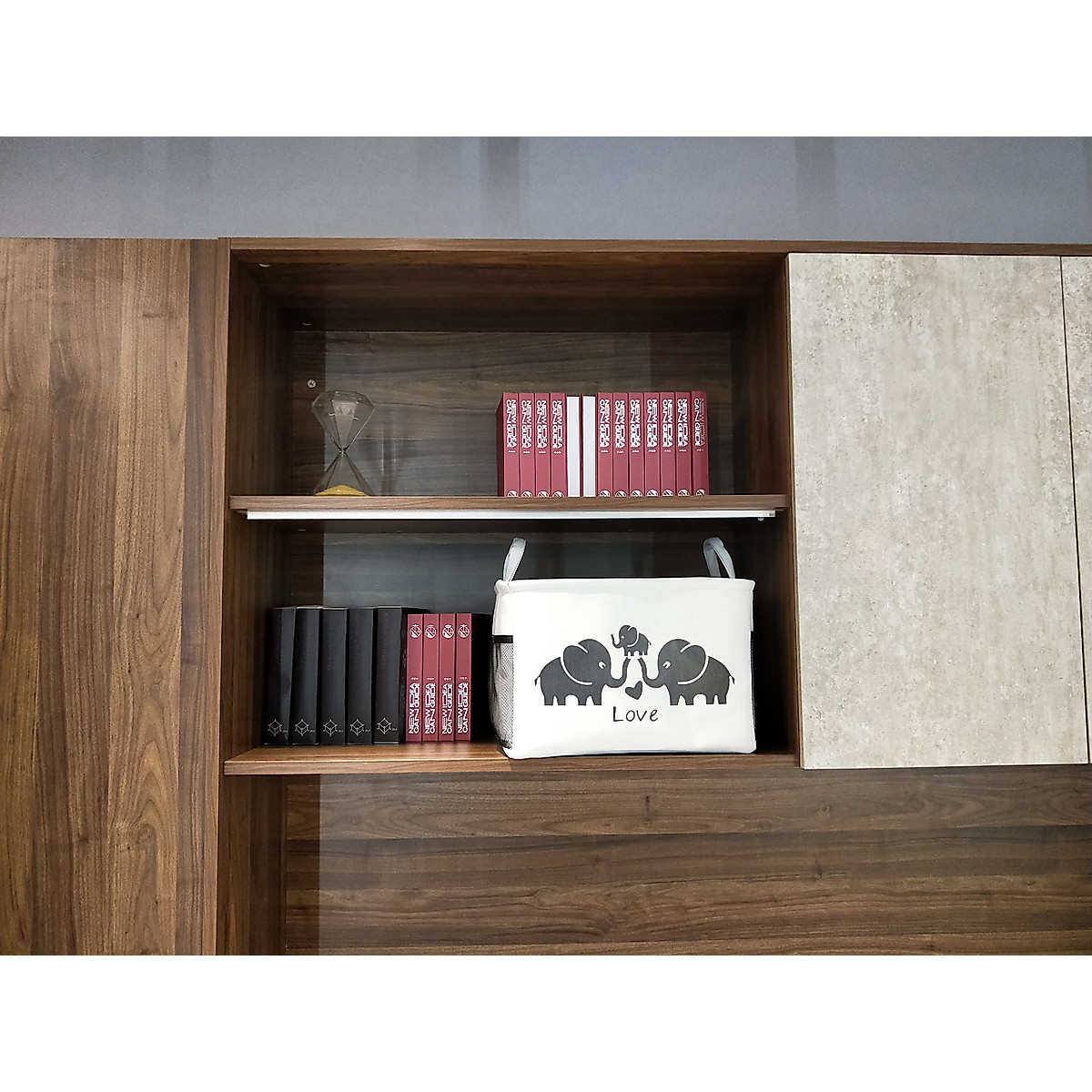 HIYAGON 2 Pack Rectangular Storage Basket,Canvas Toys Storage Bin Organizer,Large Storage Box with Sides Mesh pockets for Home,Shelves,Closet,Bedroom(2 Love Elephants)