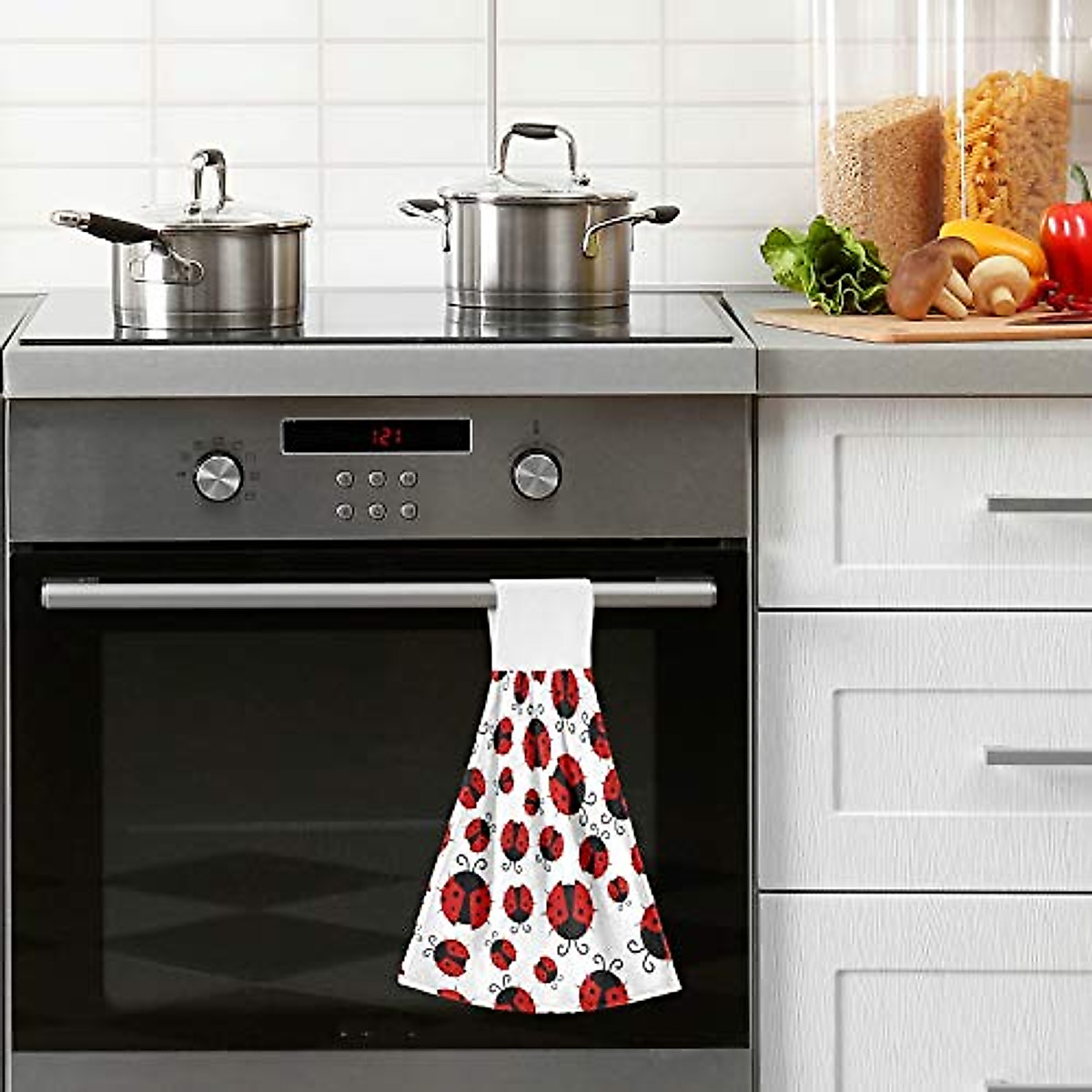 Red Ladybugs Texture 2 Pcs Hanging Kitchen Hand Towels, Hanging Tie Towels with Hook & Loop Washcloth Dishcloths Sets Decorative Absorbent Tea Bar Bath Hand Towel