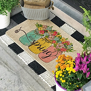 Artoid Mode Vase Hello Spring Doormat, Seasonal Spring Summer Easter Holiday Anniversary Low-Profile Yard Floor Switch Mat for Indoor Outdoor 17 x 29 Inch